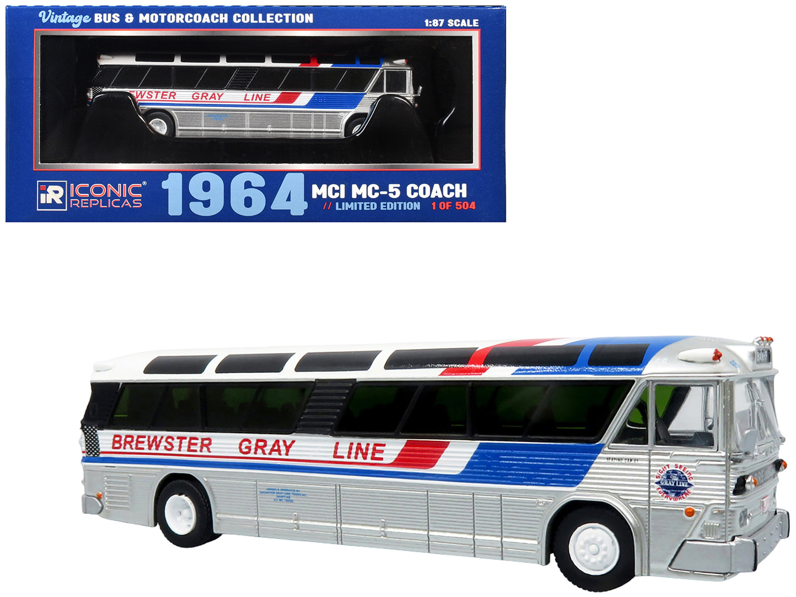 1964 MCI MC-5A Coach Bus "Brewster Gray Line" Silver with Blue and Red ...