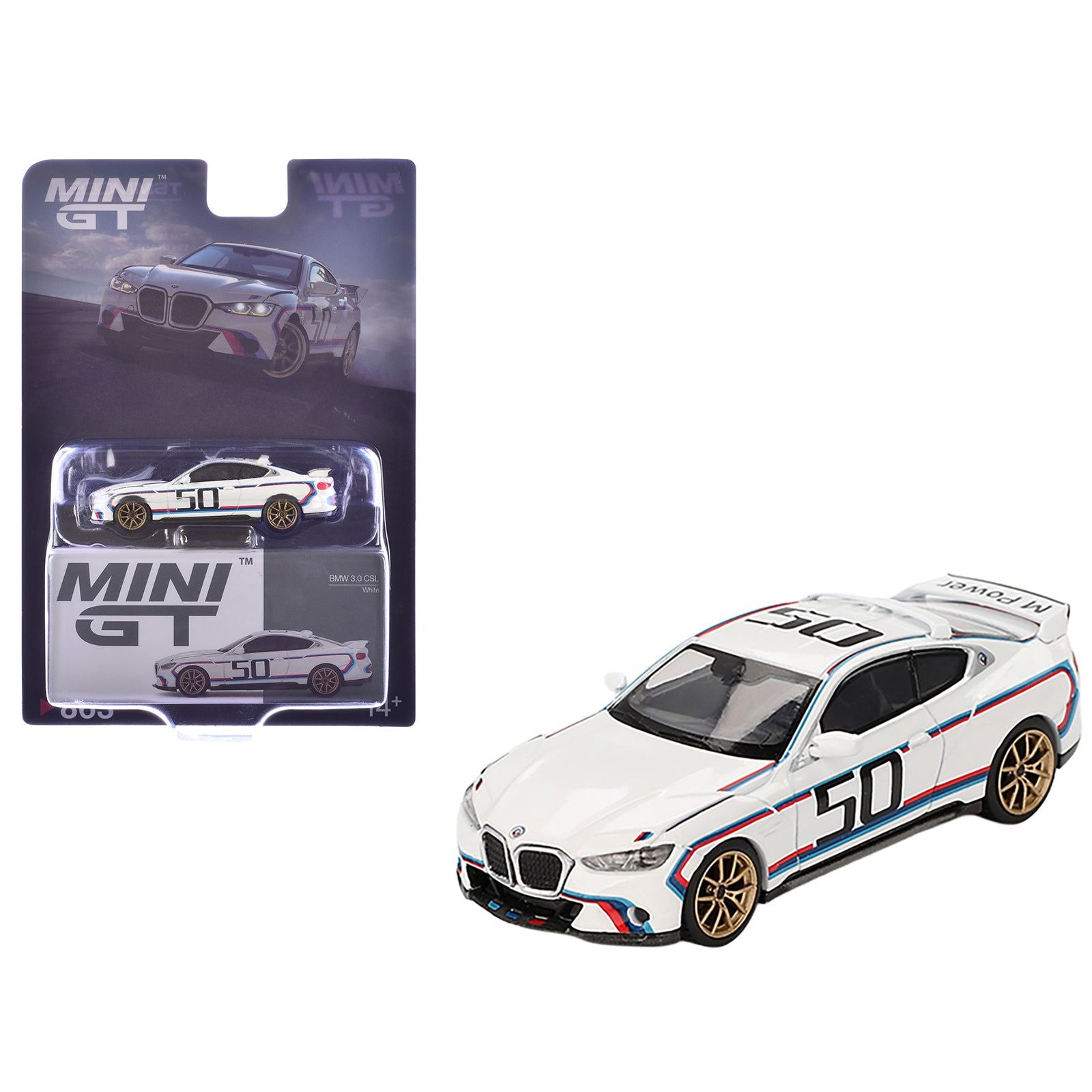 BMW 3.0 CSL #50 White with Blue and Red Stripes 1/64 Diecast Model Car