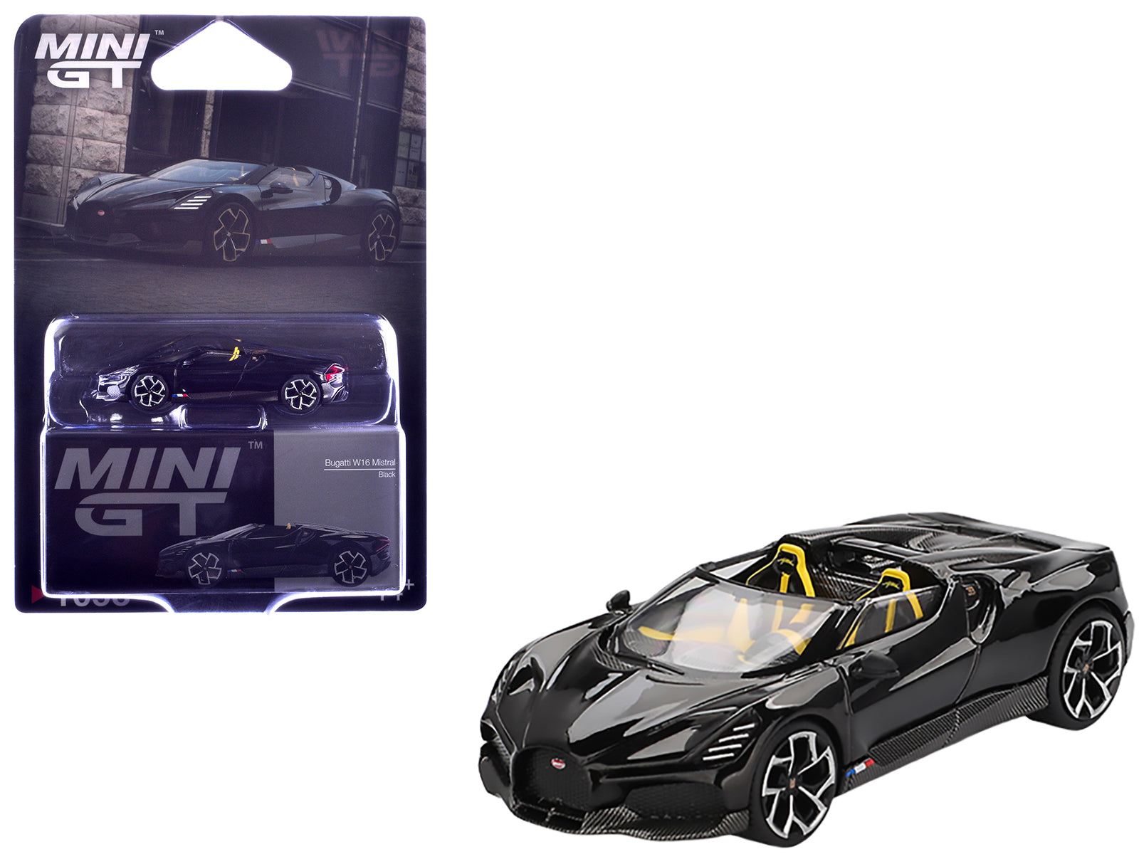 Bugatti W16 Mistral Black with Yellow Interior Limited Edition 1/64 Di ...