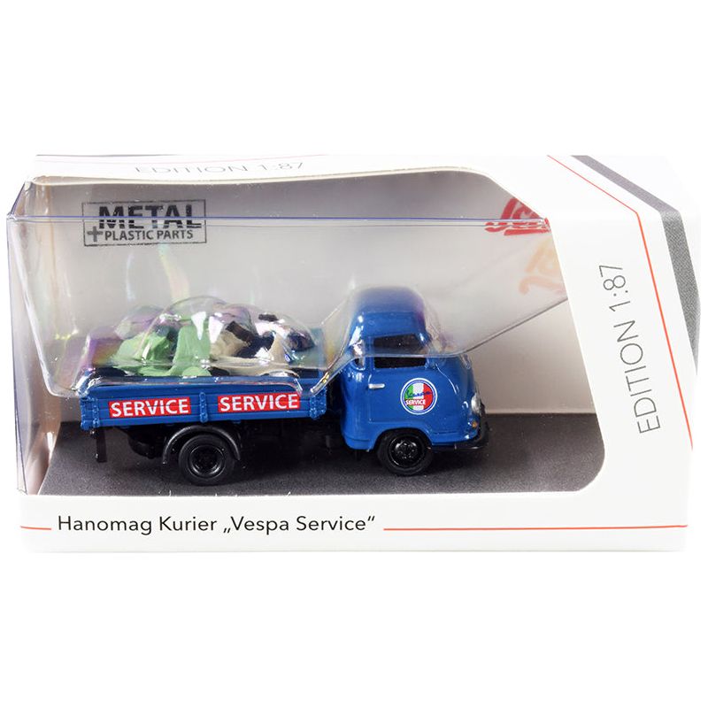 Hanomag Kurier Transporter Blue with 2 Vespas 1/87 Diecast Models