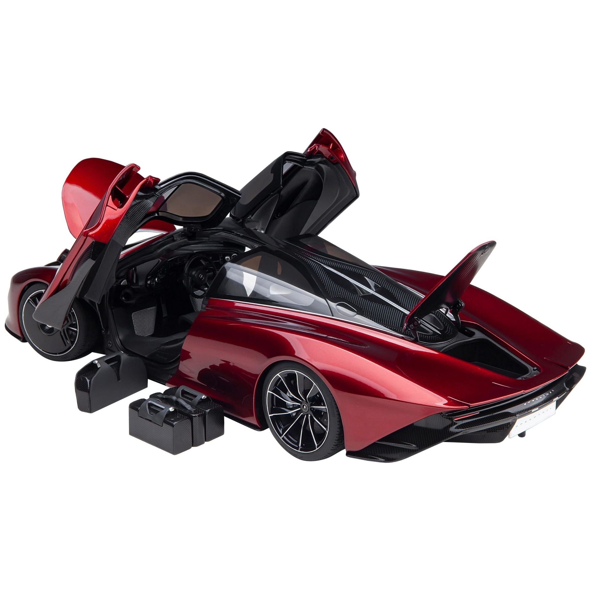 McLaren Speedtail Volcano Red Metallic and Suitcase Accessories 1/18