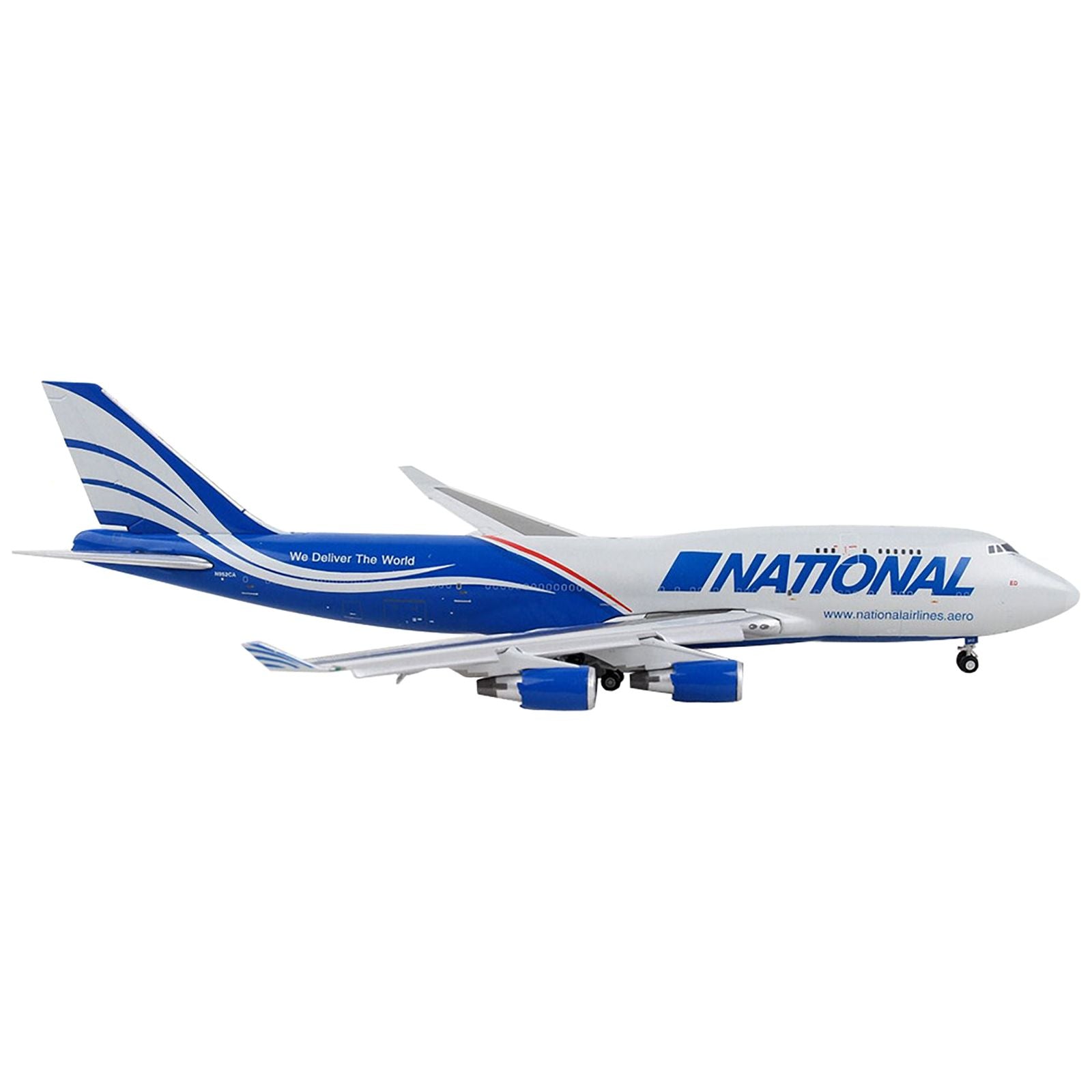 Boeing 747-400F Commercial Aircraft with Flaps Down Gray and Blue