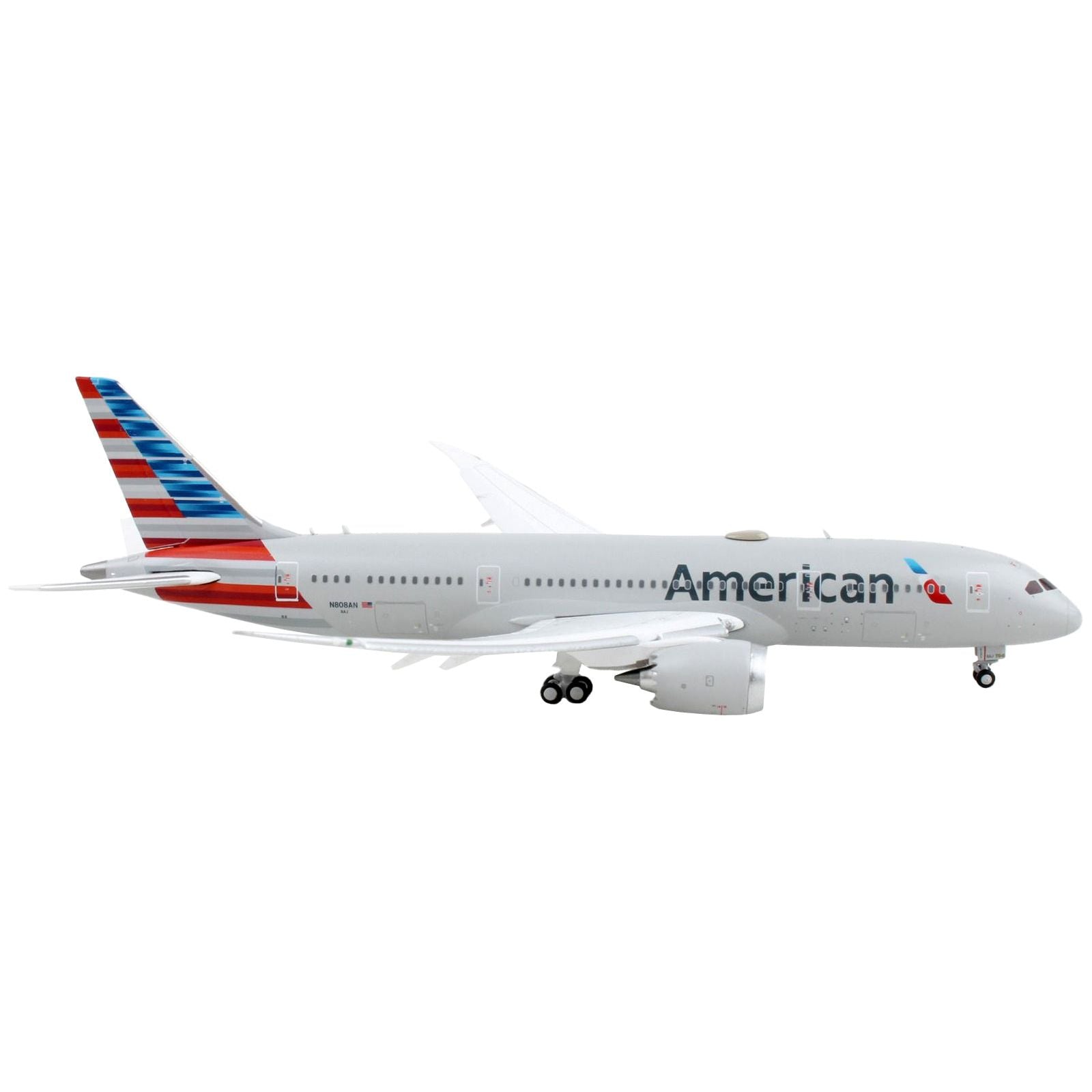 Boeing 787-8 Commercial Aircraft with Flaps Down Gray with Striped