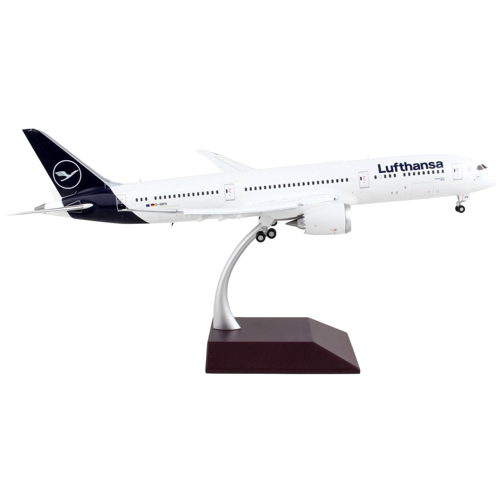 Boeing 787-9 Commercial Aircraft with Flaps Down White with Blue Tail