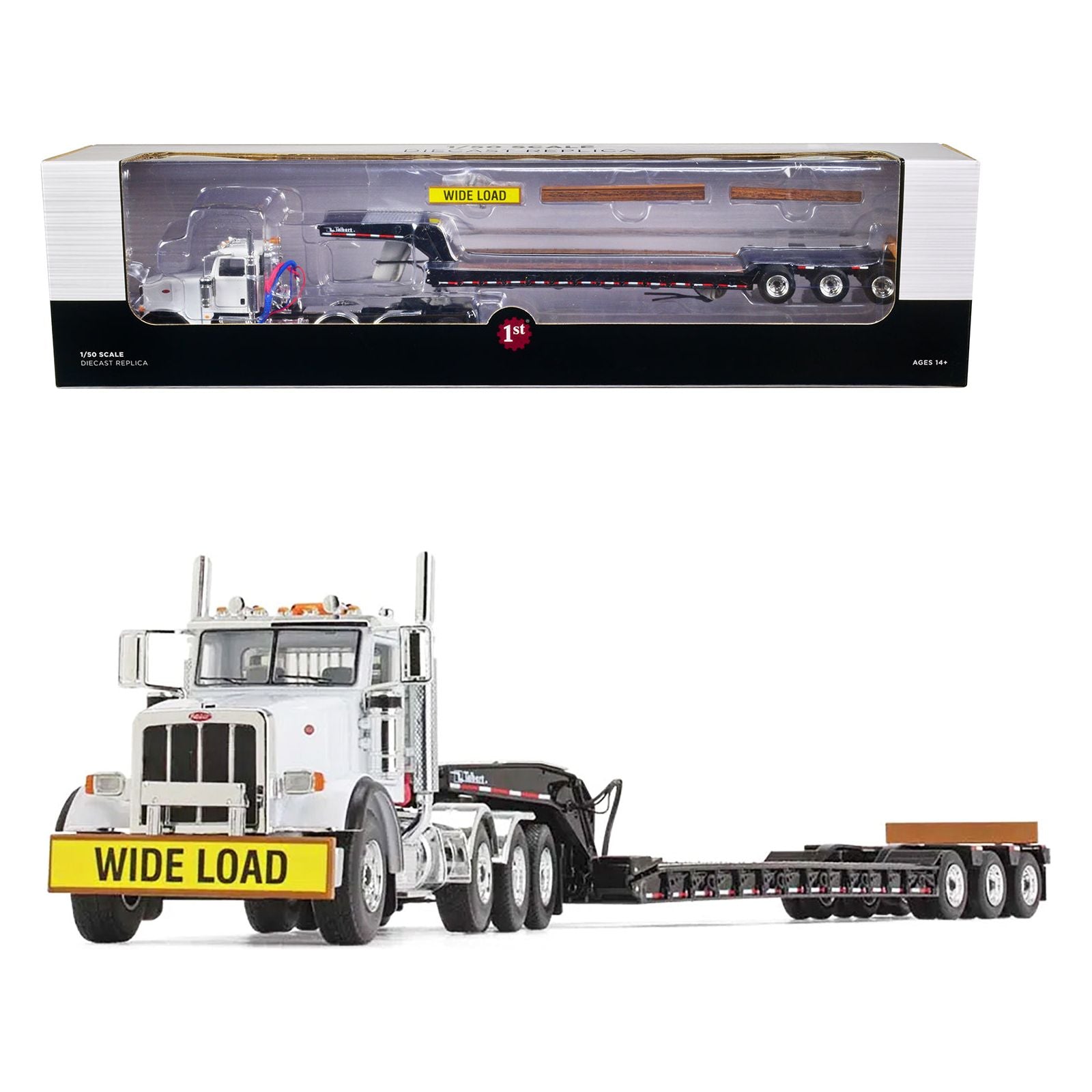 Peterbilt 367 Day Cab White and Talbert 55SA Tri-Axle Lowboy Trailer